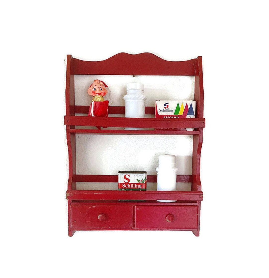 Vintage Spice Rack, Two Drawers, Small Wood Shelf, Chippy Red Paint ...