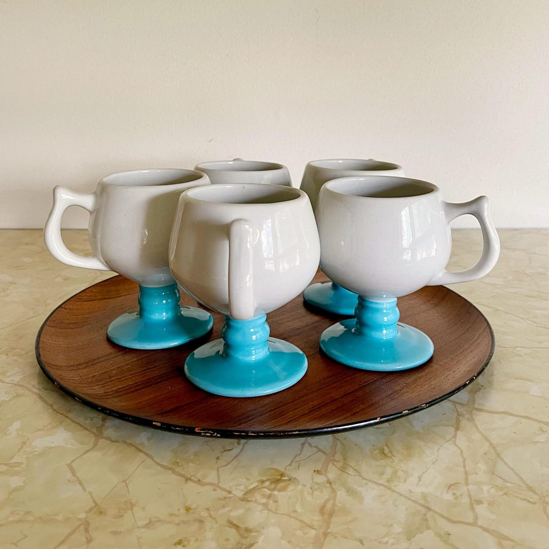 Vintage Restaurant Mugs, Caribe Footed Cups, White and Blue, 1950s ...