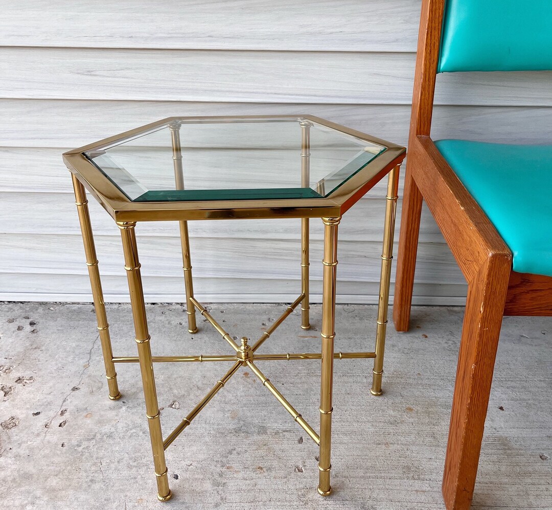 Vintage Brass Table, Hexagon Glass Top, End Accent Side, Faux Bamboo ...