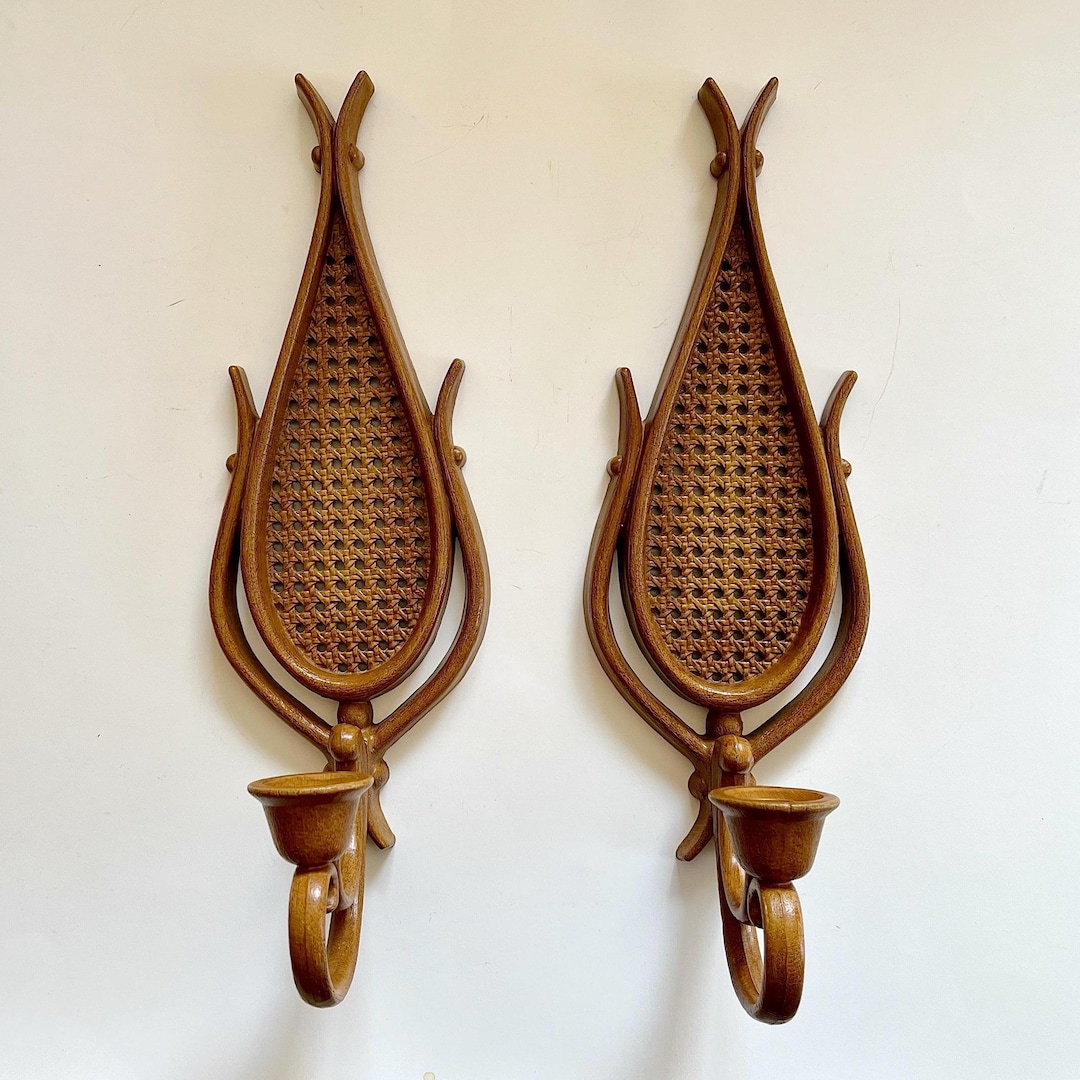 Vintage Faux Wicker Wall Candle Sconces, Homco Teardrop Snowshoe Candle ...