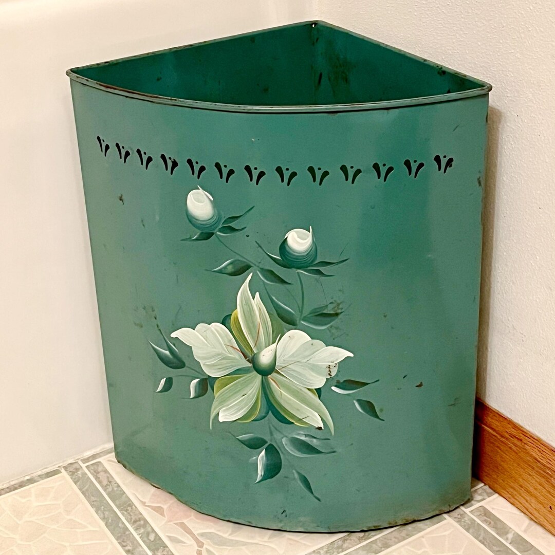 Vintage Waste Basket, Corner Wastebasket, Floral Trash Can, Metal ...