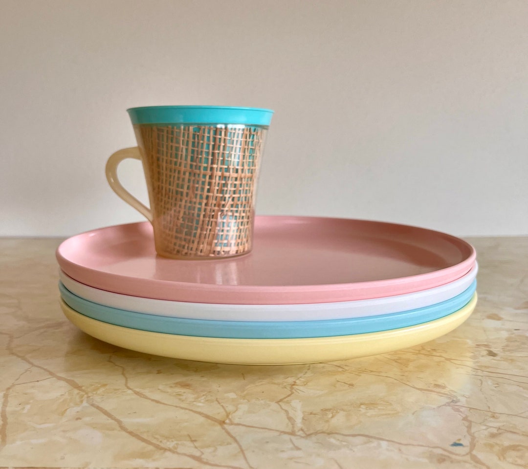 Vintage Melmac Plates, Aztec Pastel Dinner, Four Melamine Dishes, Pink ...