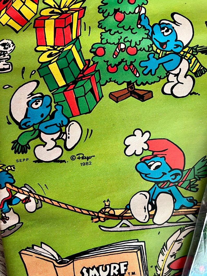 Vintage Smurf Christmas Gift Wrap, 1980s Wrapping Paper, 2 Partial ...