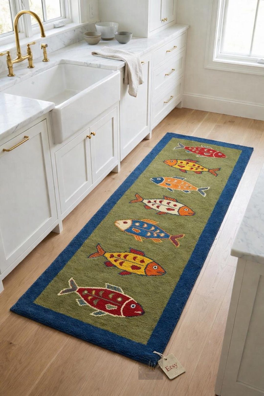 Colorful Fish Runner Rug, Coastal Farmhouse Kitchen Carpet, Non-slip ...