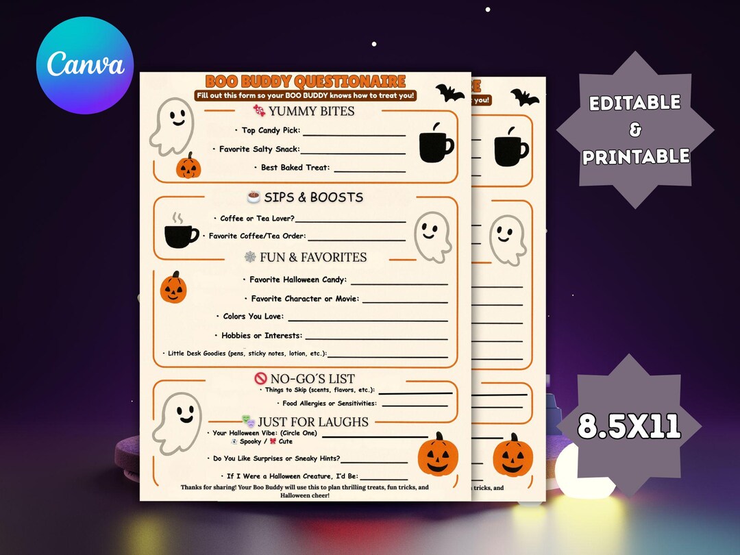 Halloween Boo Buddy Questionnaire PDF | Editable Coworker Gift Exchange ...