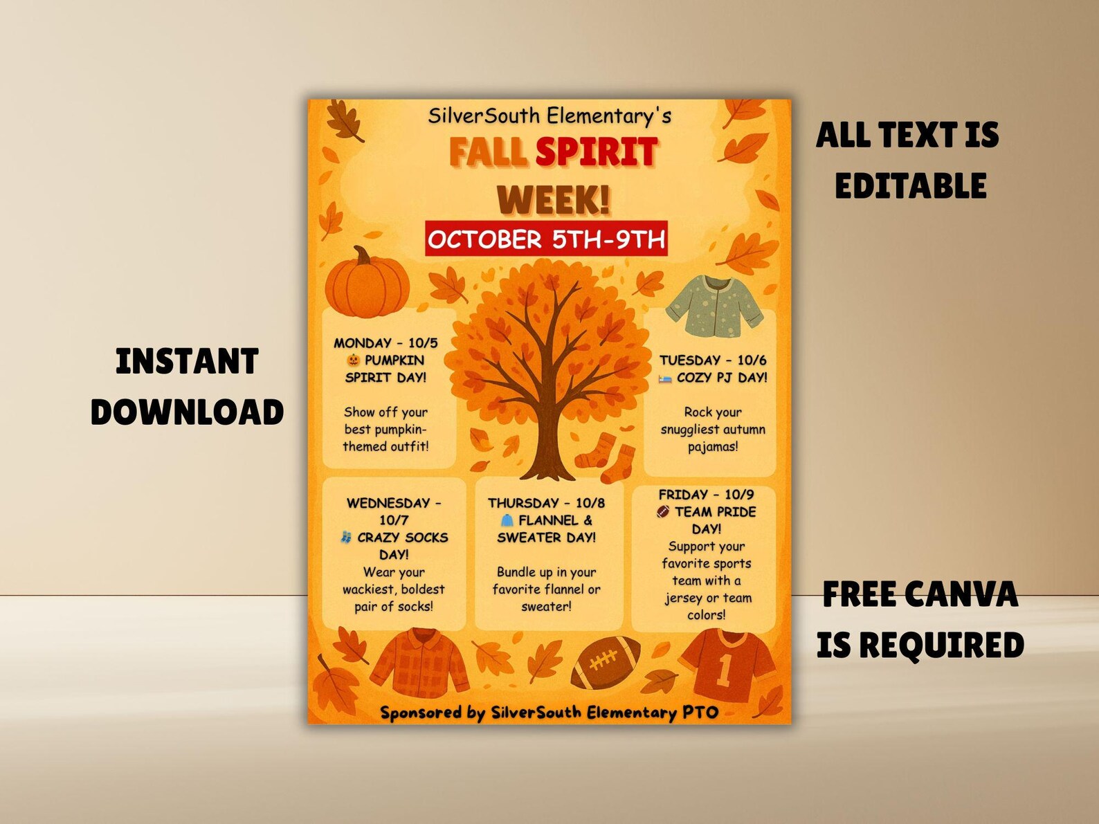 Fall Spirit Week Flyer: Autumn School Event Itinerary (canva Template ...
