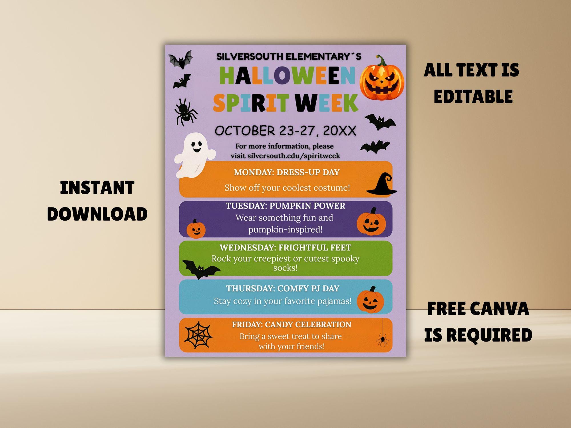 Halloween Spirit Week Flyer Canva Template: School Spirit Schedule - Etsy