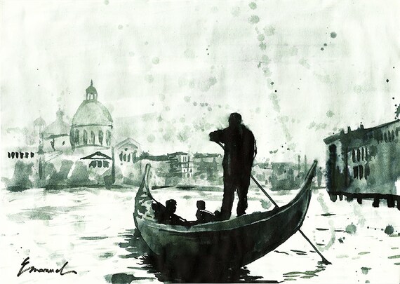 Items similar to Print Art Ink Drawing Sketch Venice Italy Boat Gondole ...