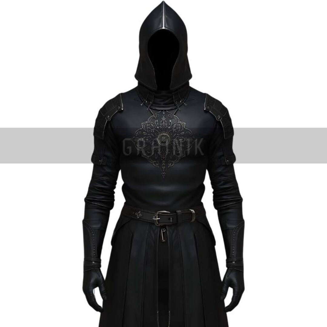 Black Leather Assassin Armor Set: Hooded Shirt With Skirt, Silver ...