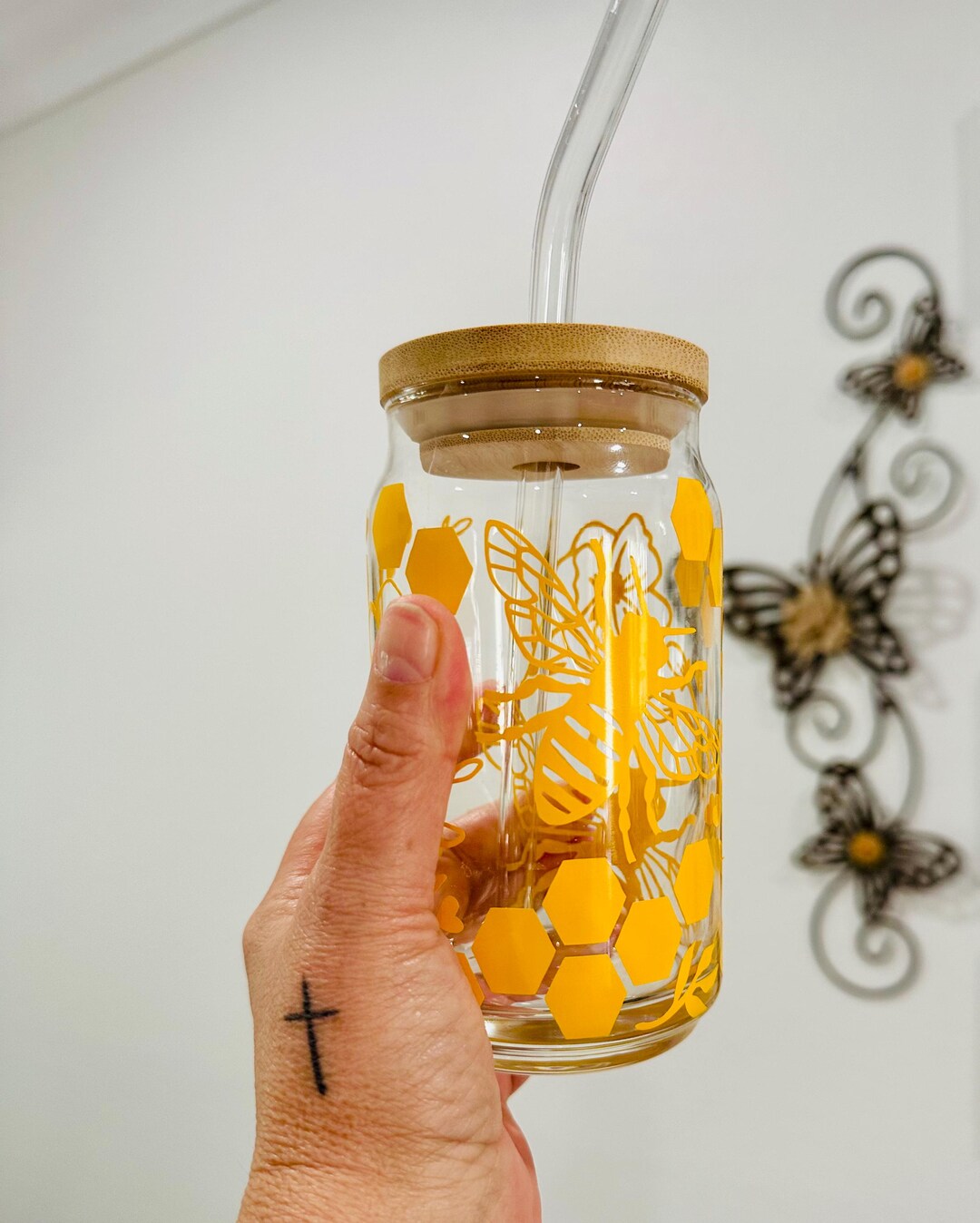Honeybee, Comb, and Wildflower Custom Glass Coffee Cup, Bestie Gifts ...
