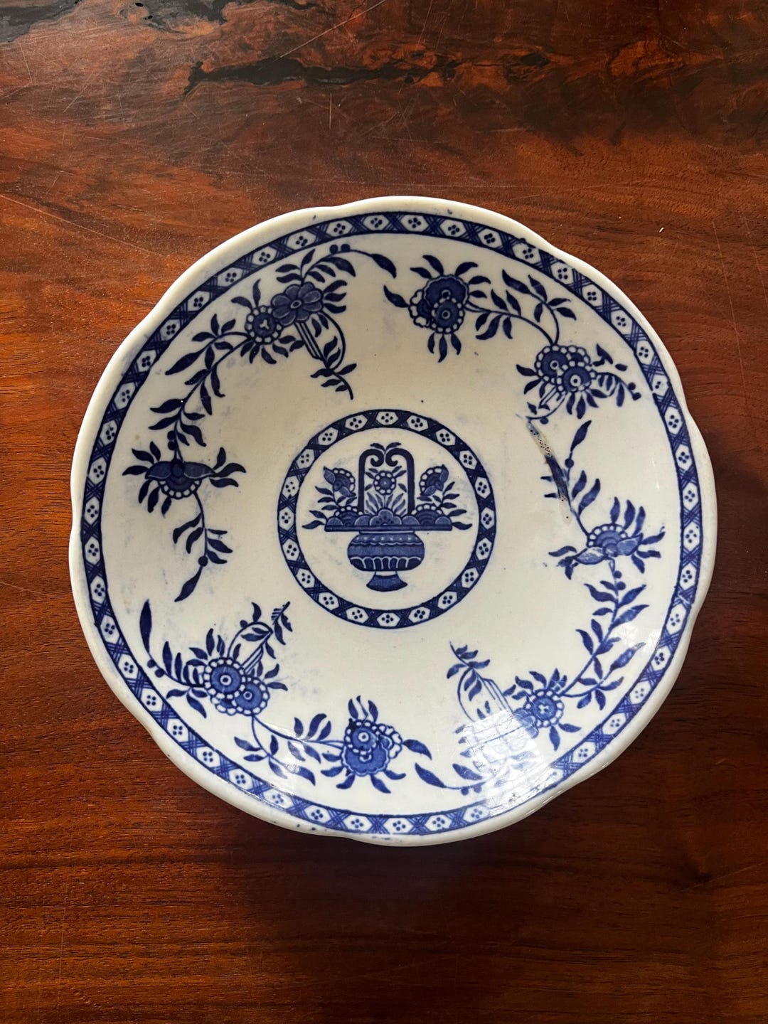 Antique Blue and White Flower Basket Urn Transferware Plate, Delph ...