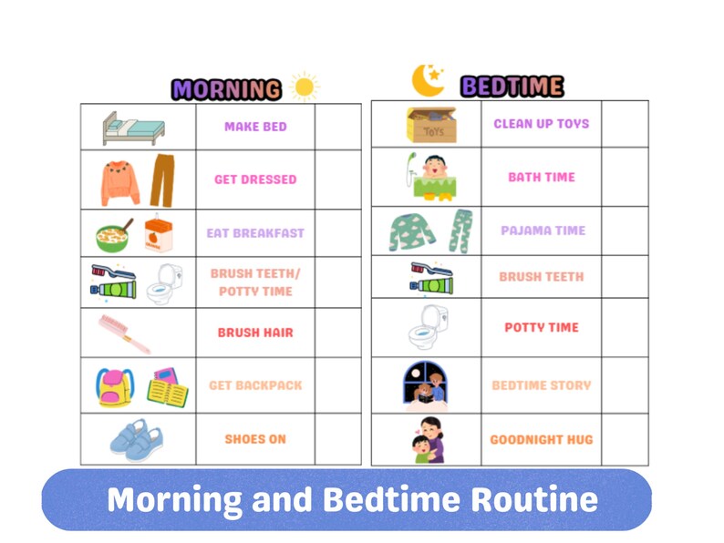 Printable Morning and Bedtime Routine Checklist for Kids. Visual Chore ...