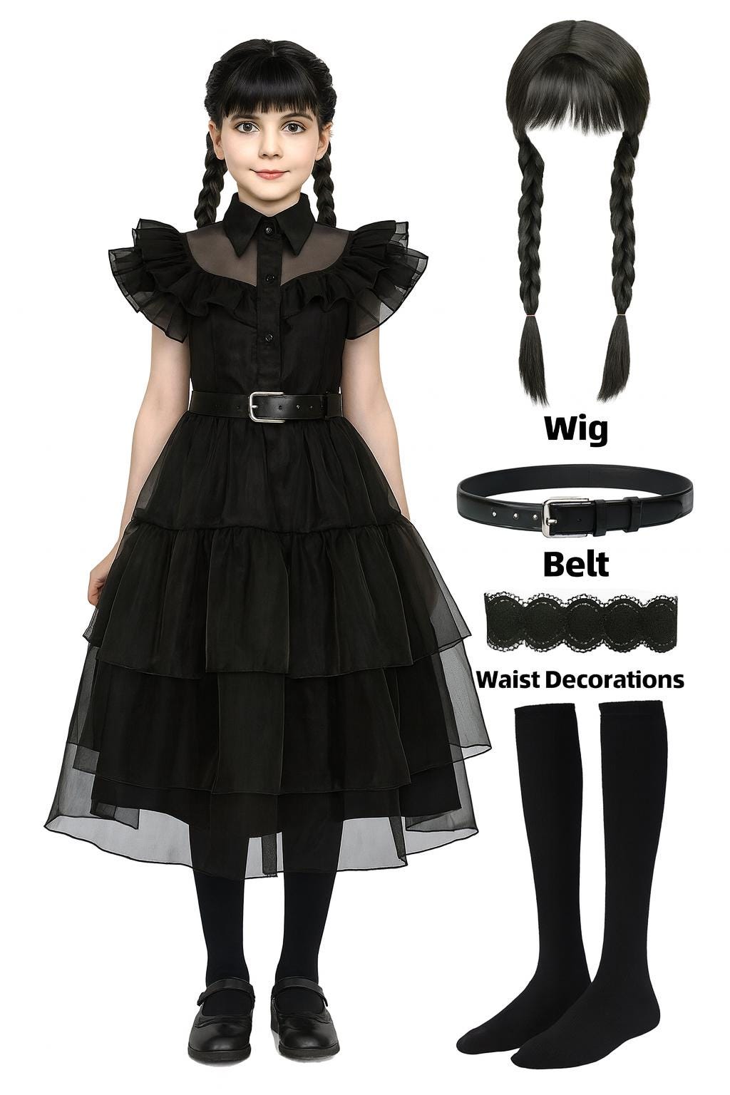 Wednesday Addams Costume Set: Dress, Wig, Belt, Socks - Kids Cosplay - Etsy