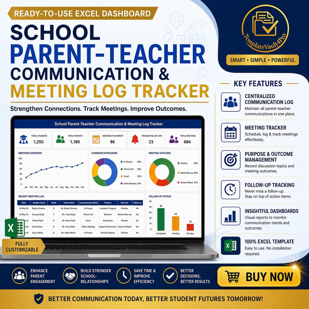 Parent Teacher Meeting Tracker Excel Dashboard | School Communication ...