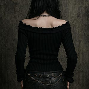 Grunge Knit Top: Vintage Tattoo Print, Gothic Off-shoulder Tee Goth Emo ...