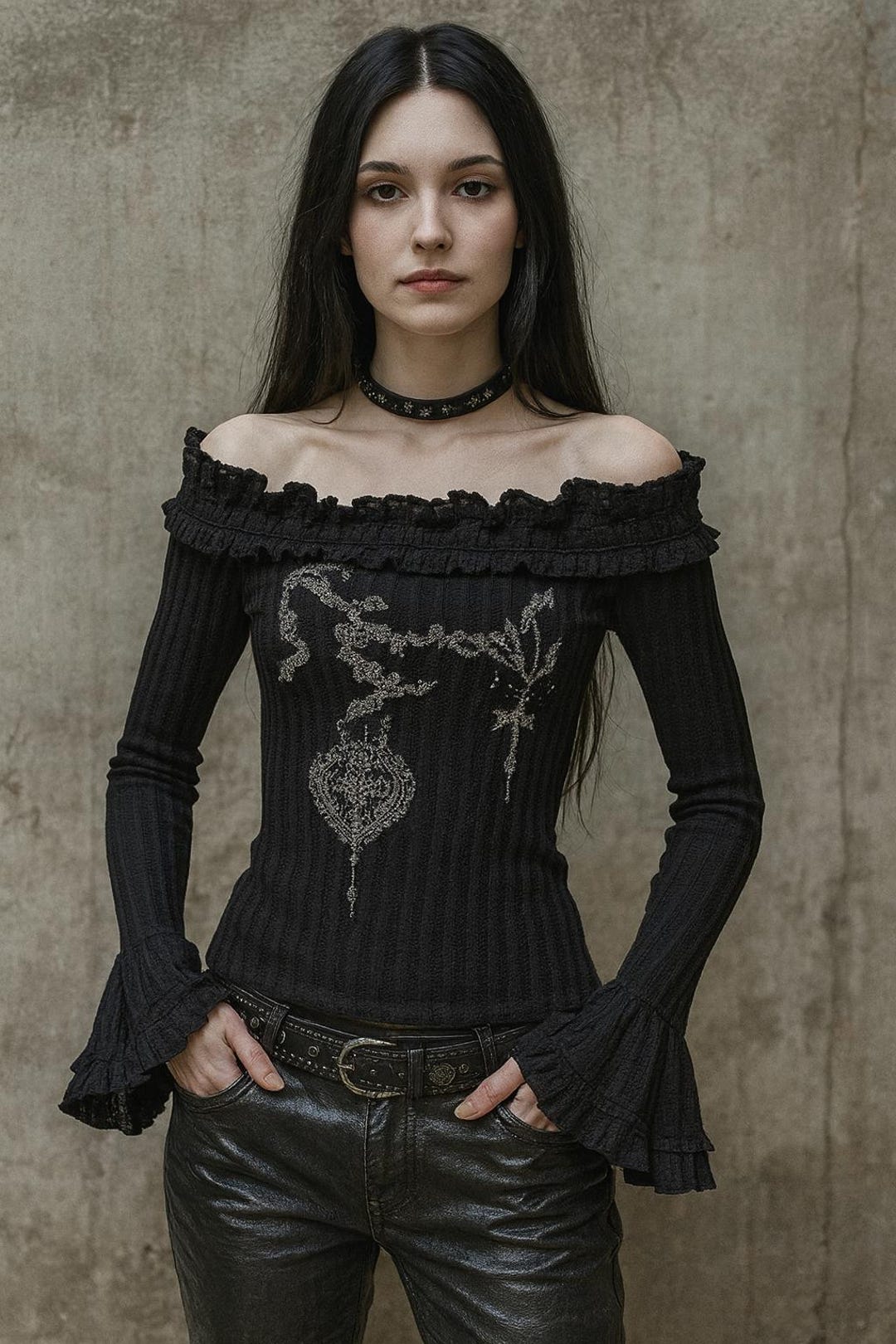 Grunge Knit Top: Vintage Tattoo Print, Gothic Off-shoulder Tee Goth Emo ...