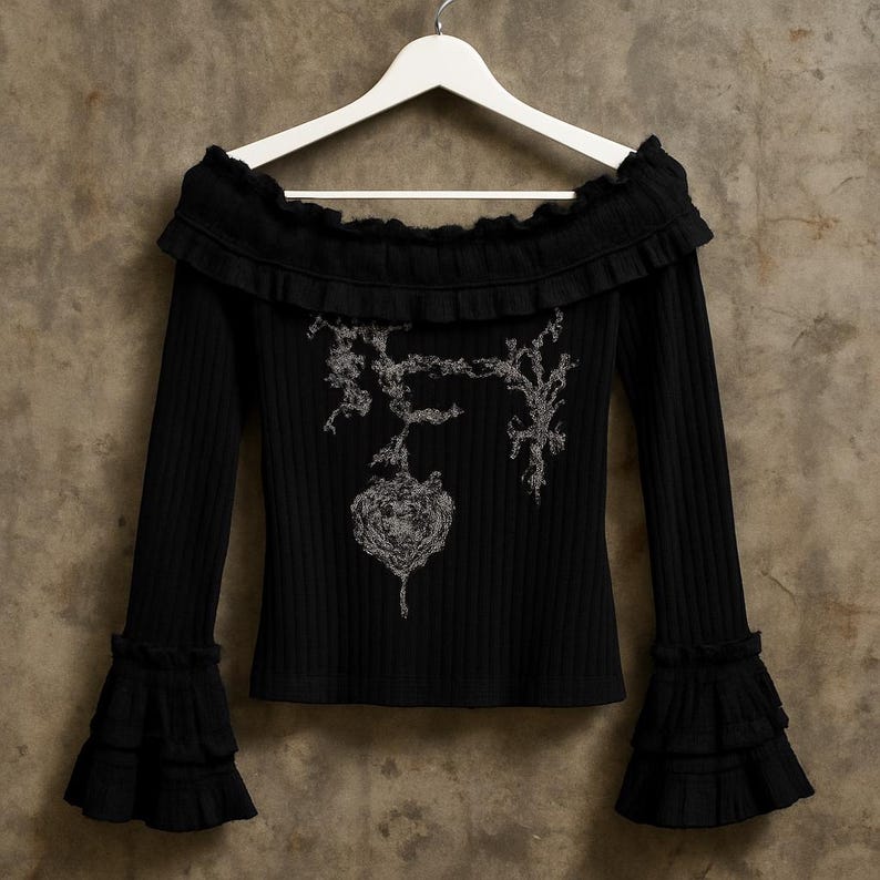 Grunge Knit Top: Vintage Tattoo Print, Gothic Off-shoulder Tee Goth Emo ...
