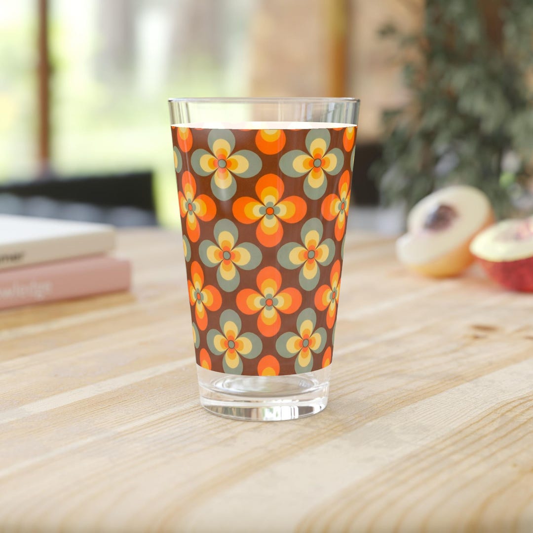 Mid Century Retro Pint Glass, 70s Floral Drink Ware, Vintage Geometric ...