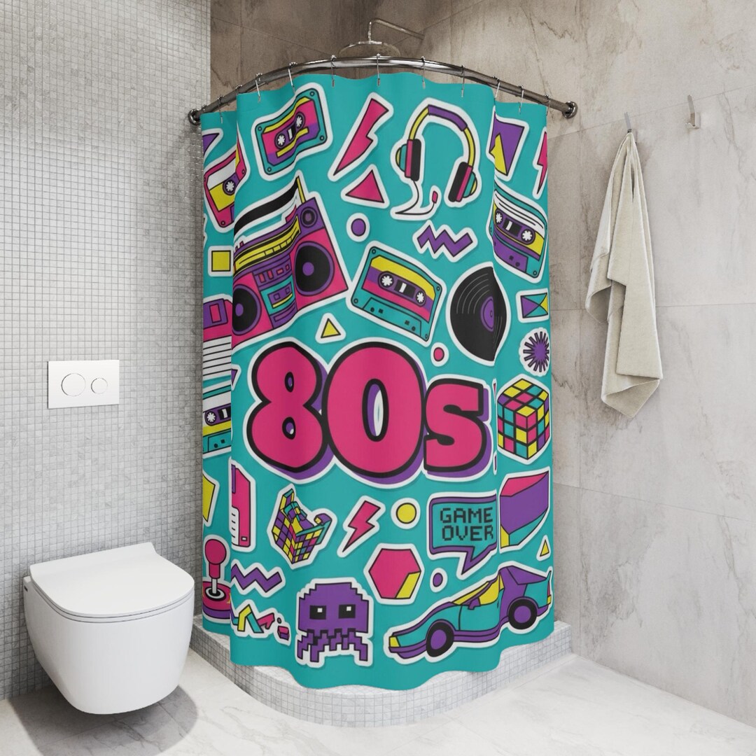 Retro 80s Shower Curtain, Vintage Eighties Sticker Design, Neon ...