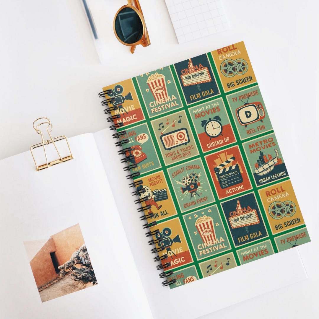 Retro Movie Poster Pattern Spiral Notebook, Mid Century Cinema Design ...