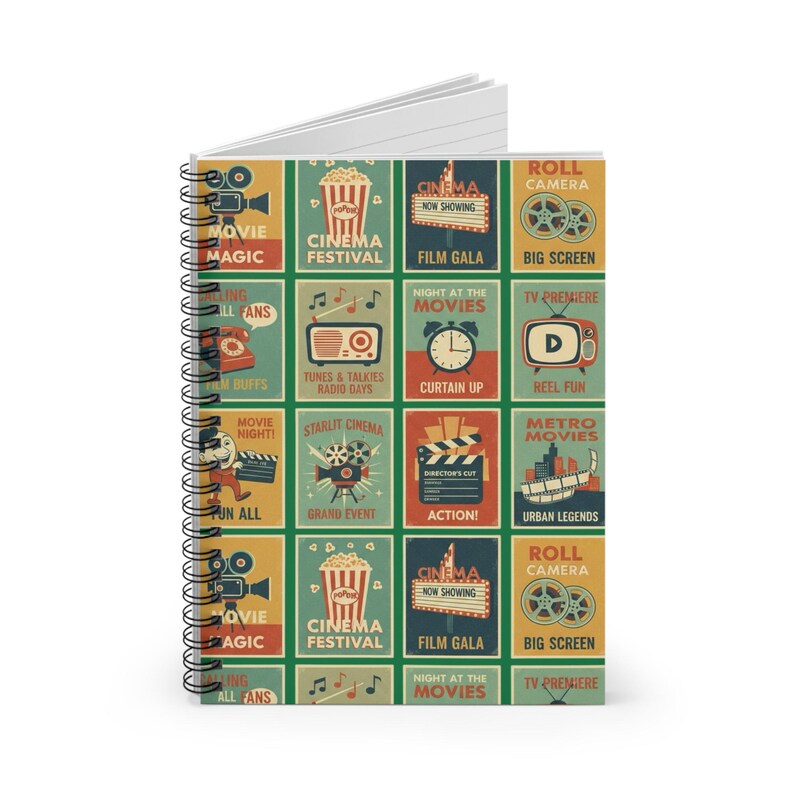 Retro Movie Poster Pattern Spiral Notebook, Mid Century Cinema Design ...
