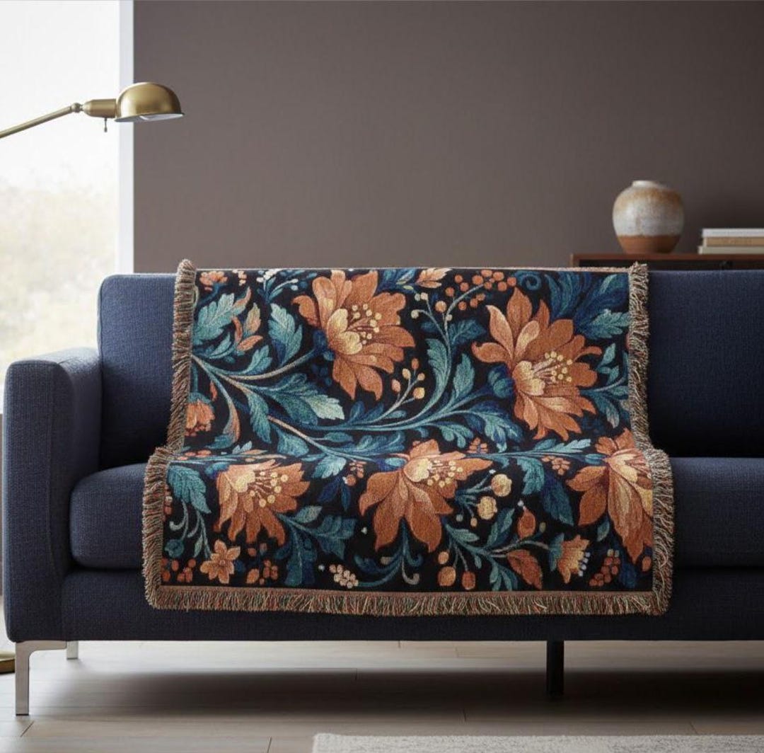 Vintage Scandinavian Woven Throw Blanket, Nordic Floral Sofa Blanket ...