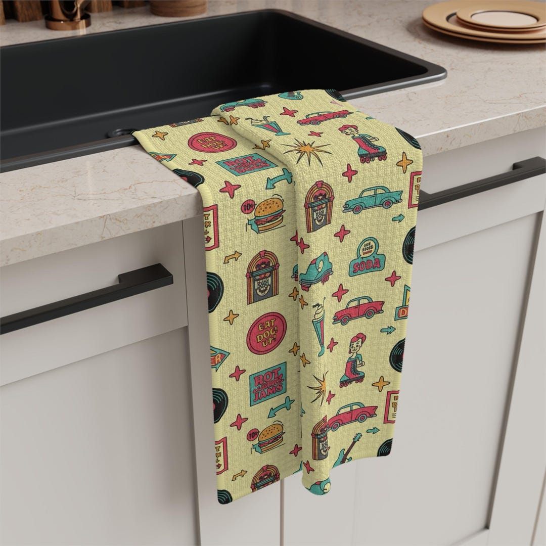 Retro Diner Pattern Tea Towel, 50s Vintage Kitchen Decor, Mid Century ...