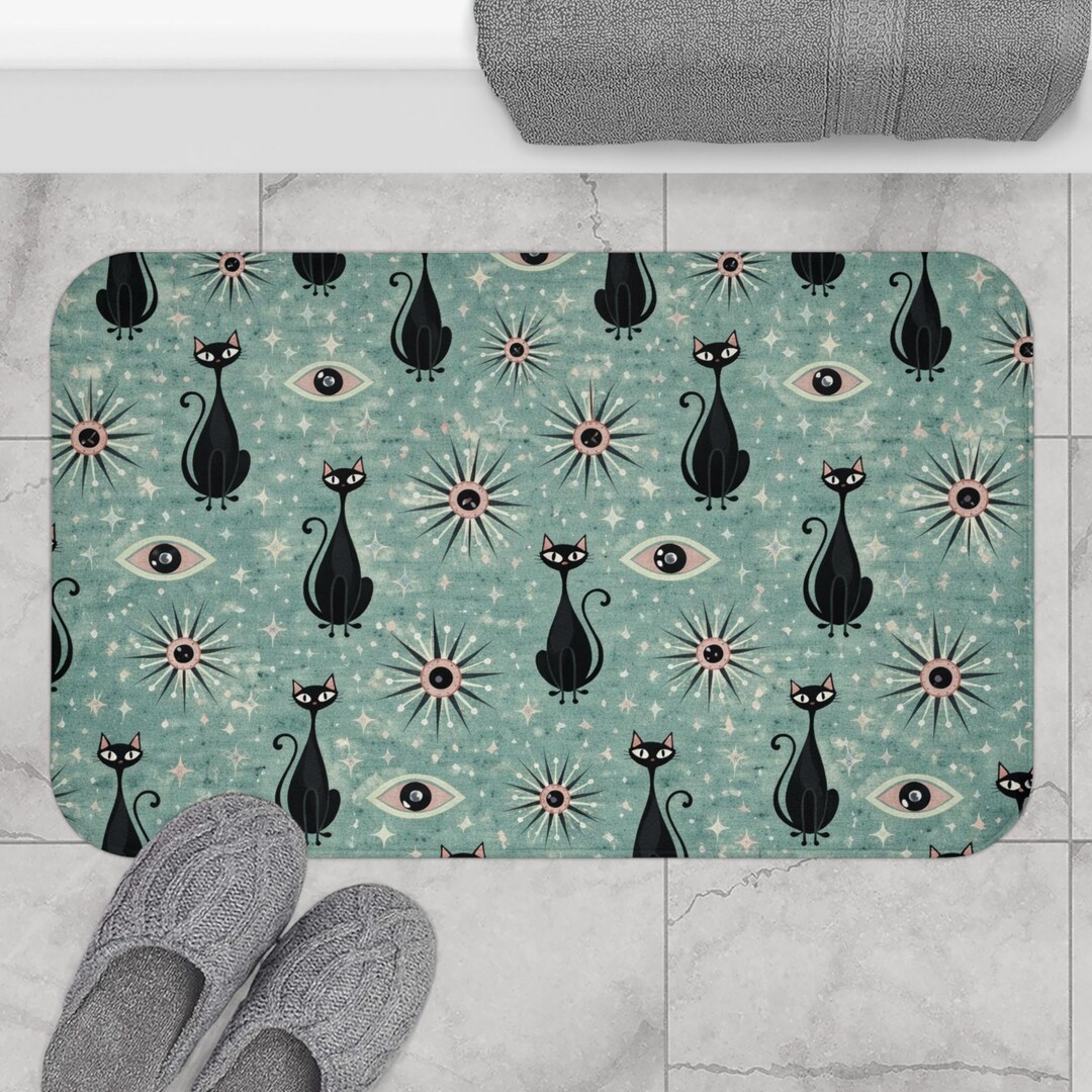 Mid-century Modern Black Cat Bath Mat, Retro Atomic Cat Pattern Memory ...