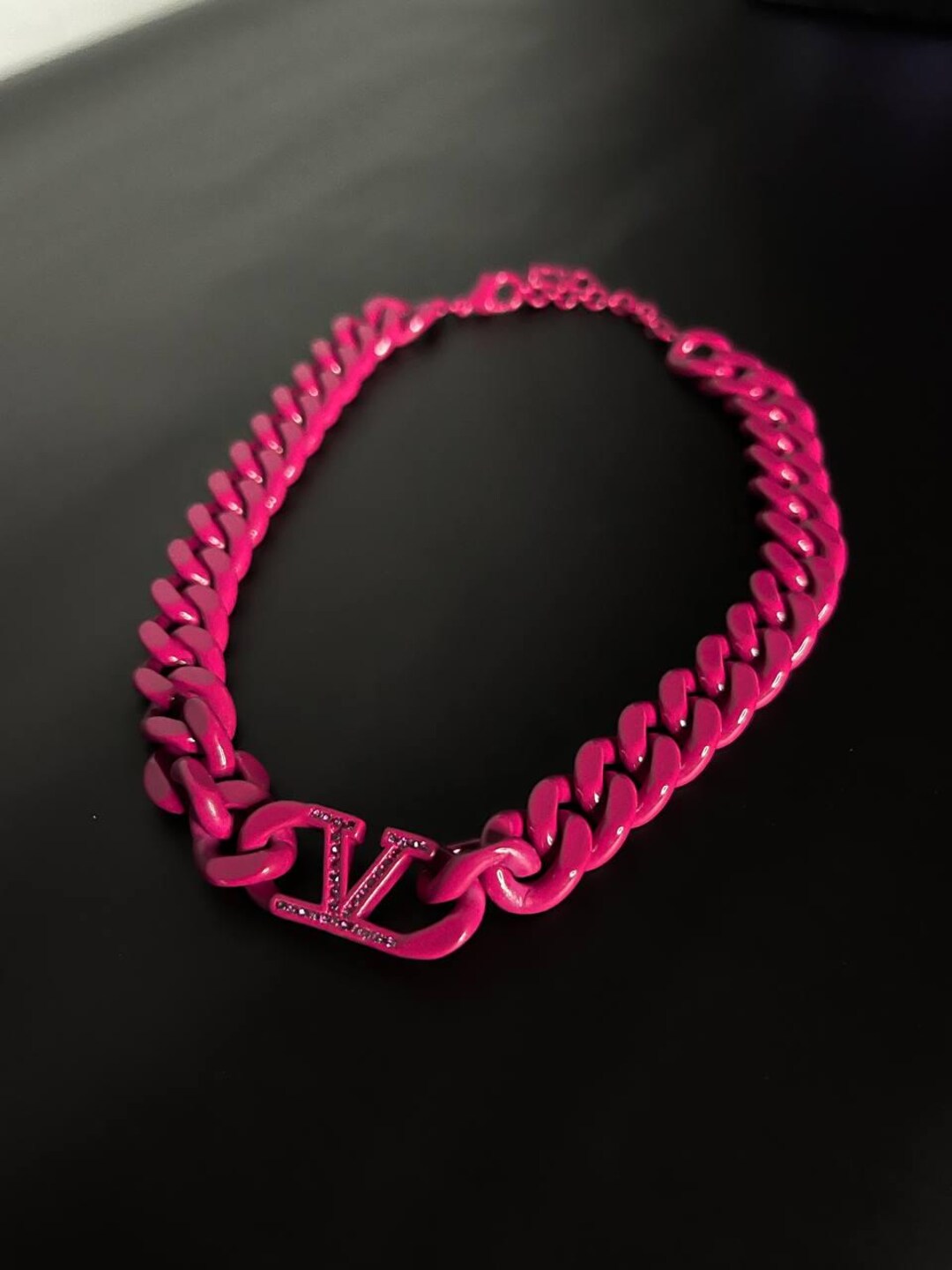 Valentino pink Acrylic Link chain CZ V Logo Pendant Necklace - Etsy