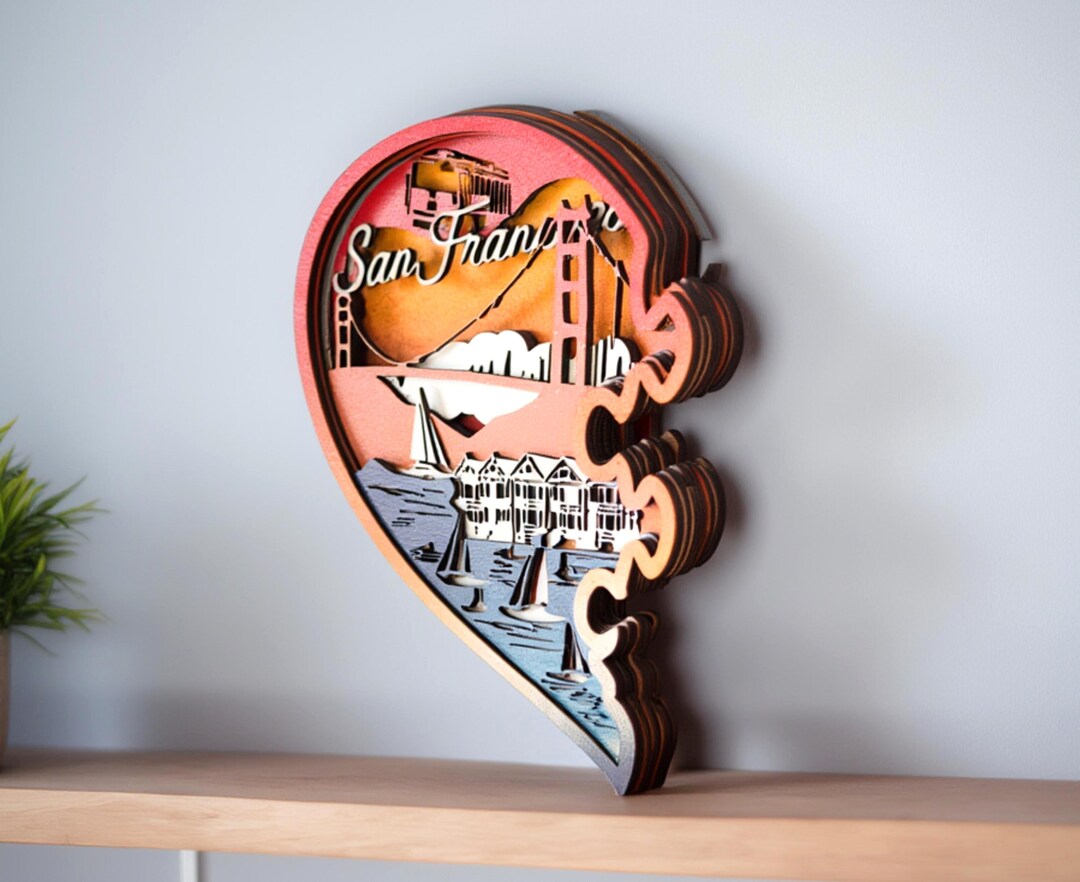 Puzzle Heart Long Distance SVG | San Francisco City Heart Laser Cut ...
