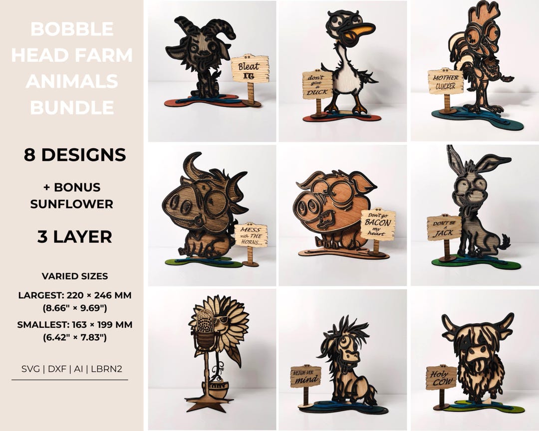 Bobblehead Farm Animals SVG Bundle | 3D Layered Farm Animals SVG Laser ...
