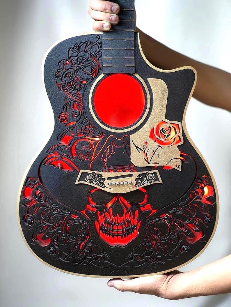Skull Acoustic Guitar SVG Layered Laser Cut File | 3D Wood Art ...