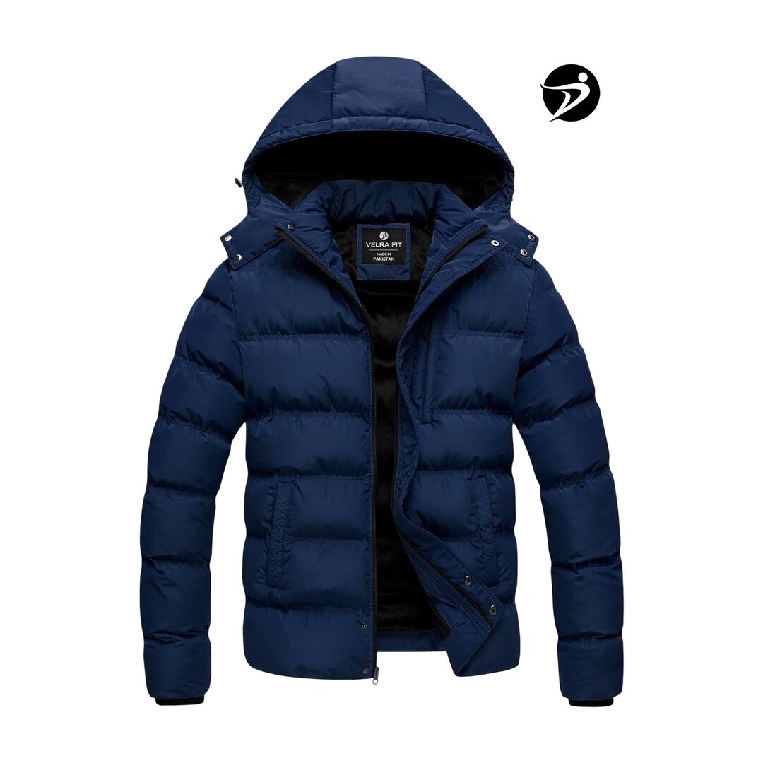 Men’s Warm Hooded Puffer Jacket – Navy Blue Waterproof Winter Coat With ...
