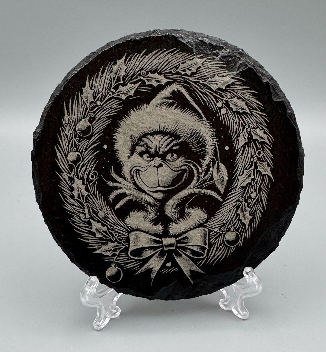 Christmas the Grinch Santa Hat Laser Engraved Round Slate Coaster - Etsy