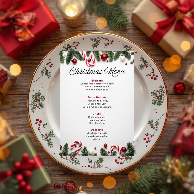 Christmas Menu Template | Editable Canva Holiday Dinner Menu | Red ...