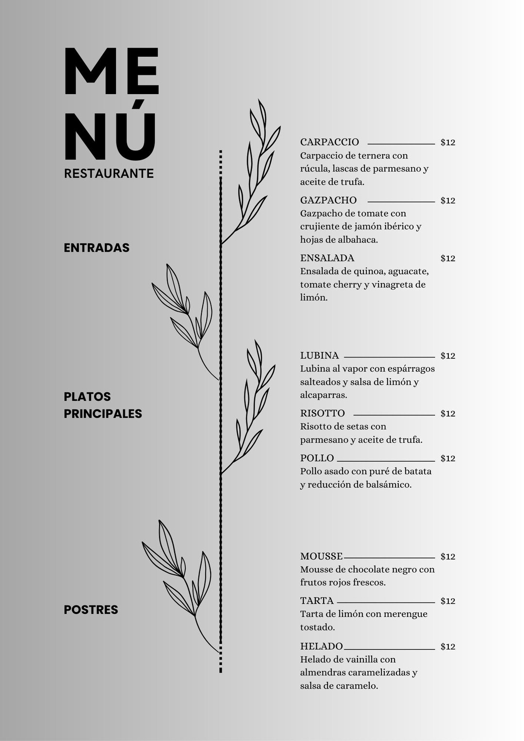 Minimalist Restaurant Menu in Spanish, Elegant Editable Template for ...