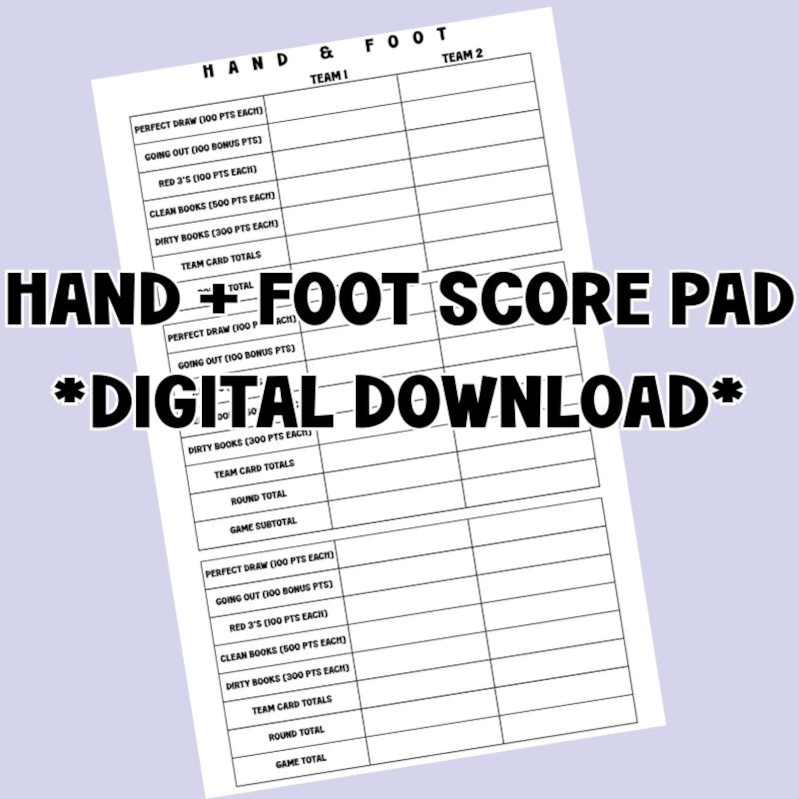 Hand and Foot Score Sheet *DIGITAL DOWNLOAD* - Etsy