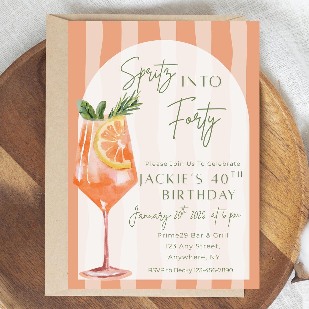 Editable 40th Birthday Cocktail Invitation | “spritz Into Forty” Orange ...