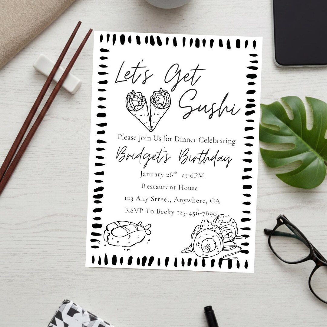 Editable Sushi Night Invitation • Modern Sushi Dinner Birthday Invite ...