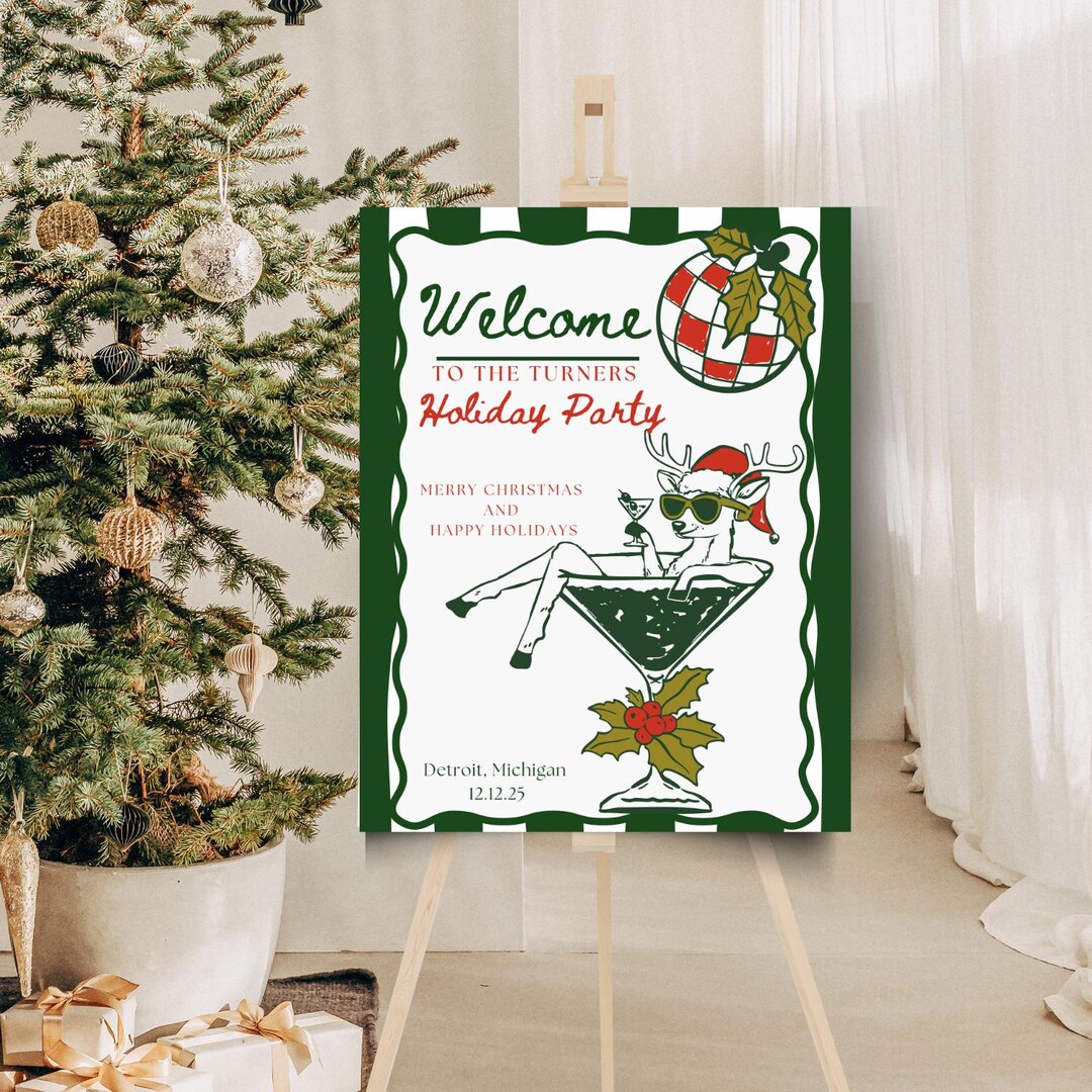 Holiday Party Sign | Editable Canva Template | Whimsical Reindeer Decor ...