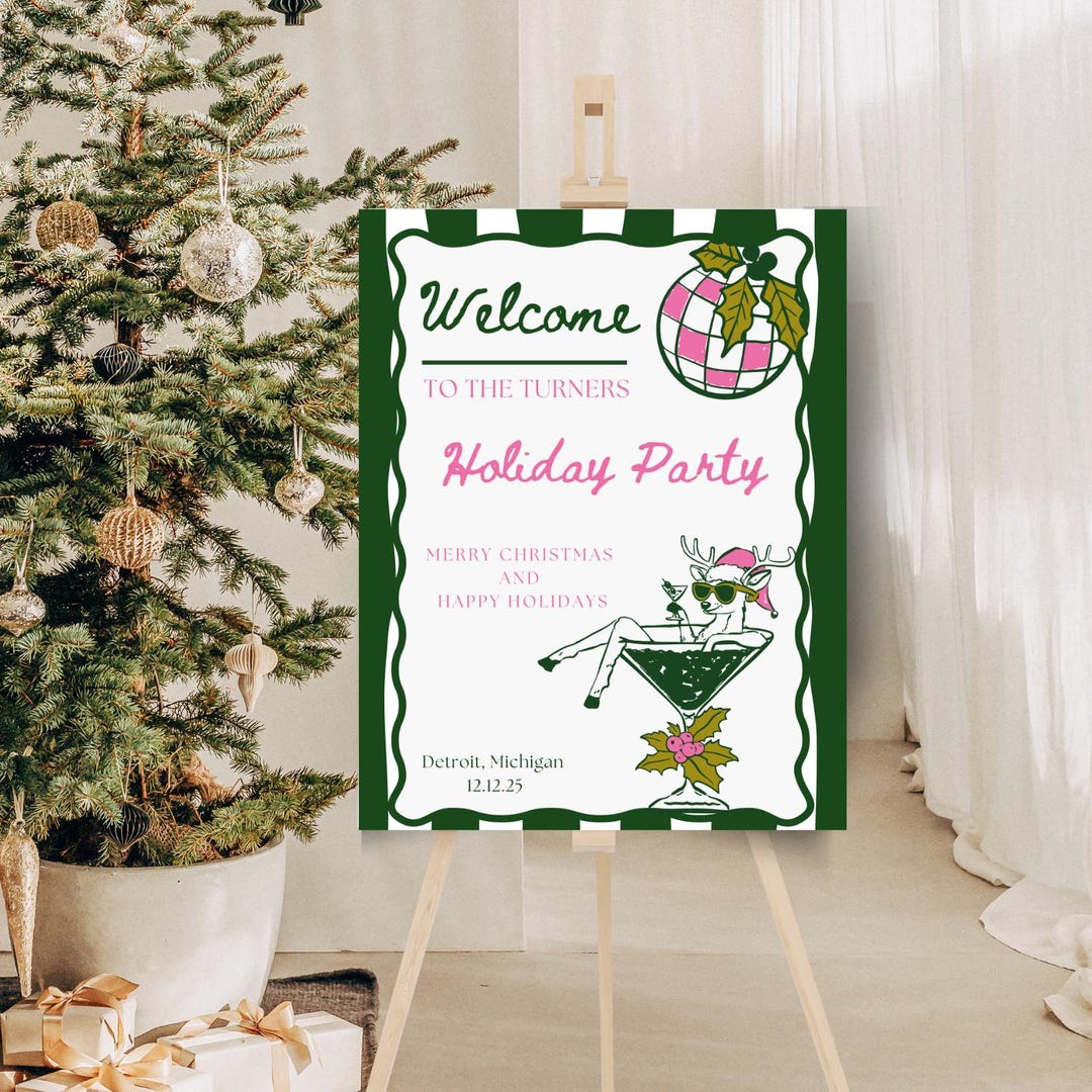 Holiday Party Sign | Editable Canva Template | Whimsical Reindeer Decor ...