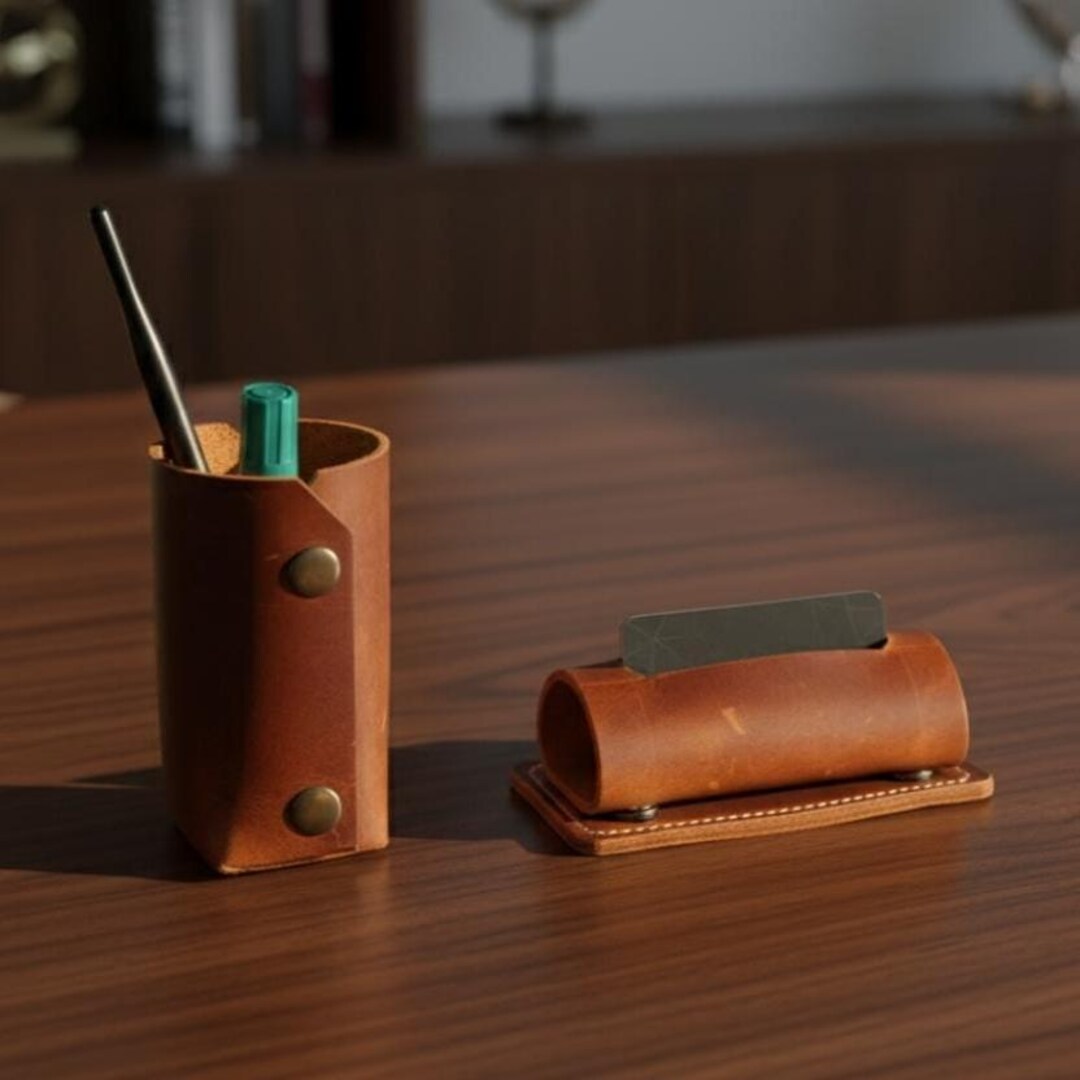 Handmade Full Grain Leather Desk Set • Pen Holder & Card Stand - Etsy