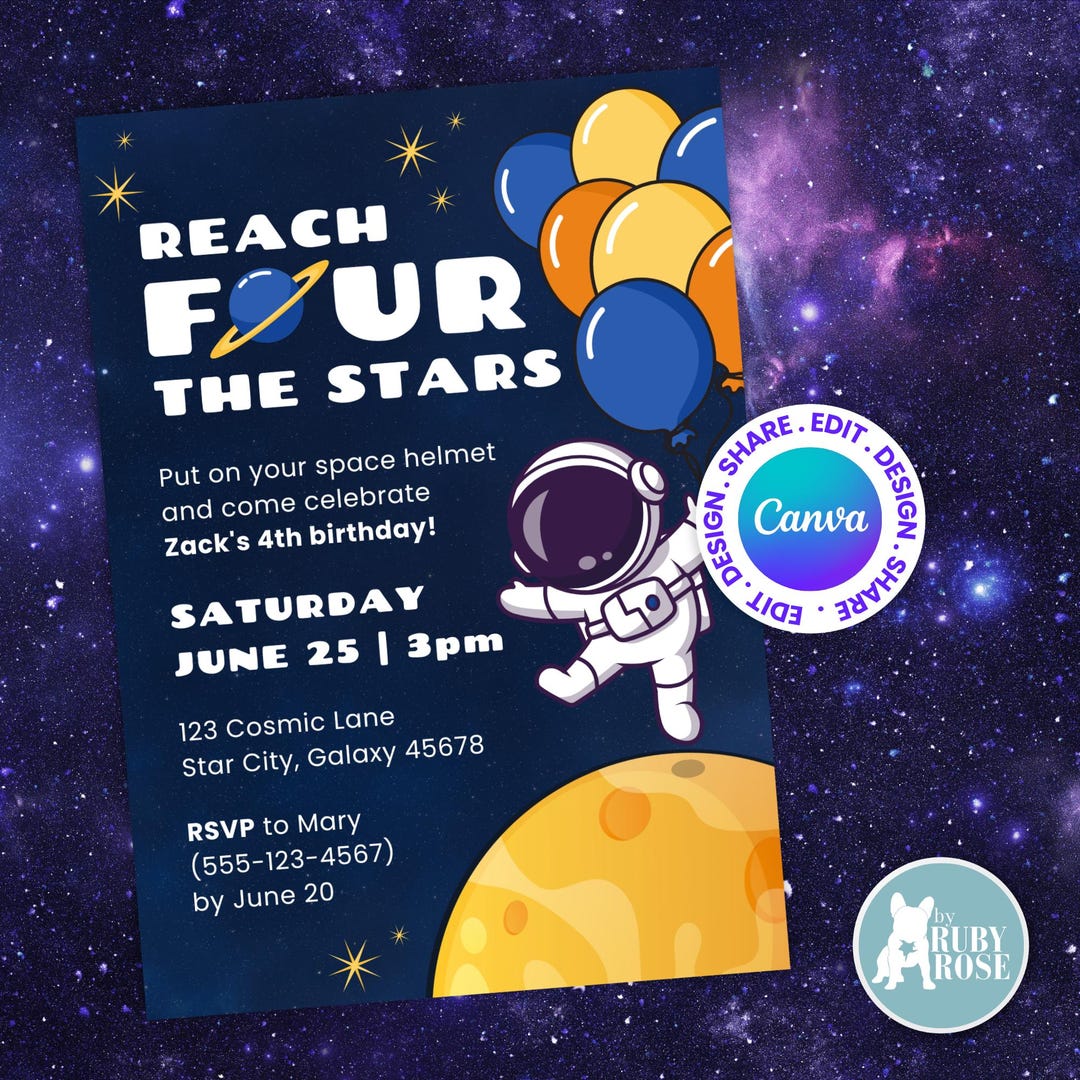 Reach for the Stars Birthday Invitation | 4th Birthday Space Party ...