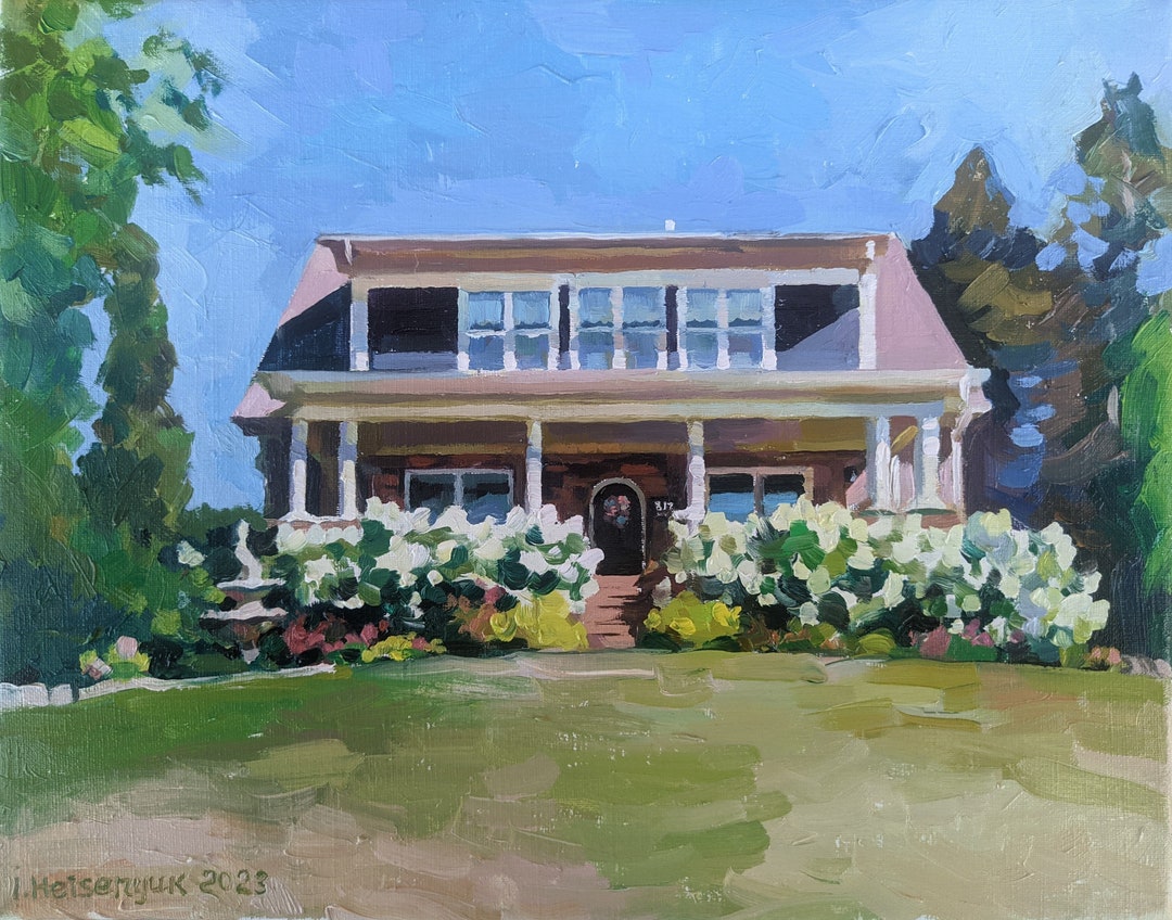 Original Oil Painting of Home. House With White Hydrangeas. Custom ...