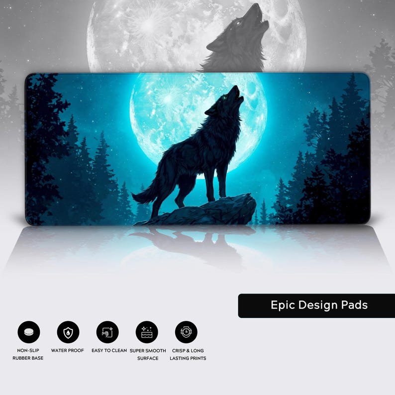 Lunar Call Wolf – Gaming Desk Mat, XL Mouse Pad, Cyan Aesthetic Setup ...