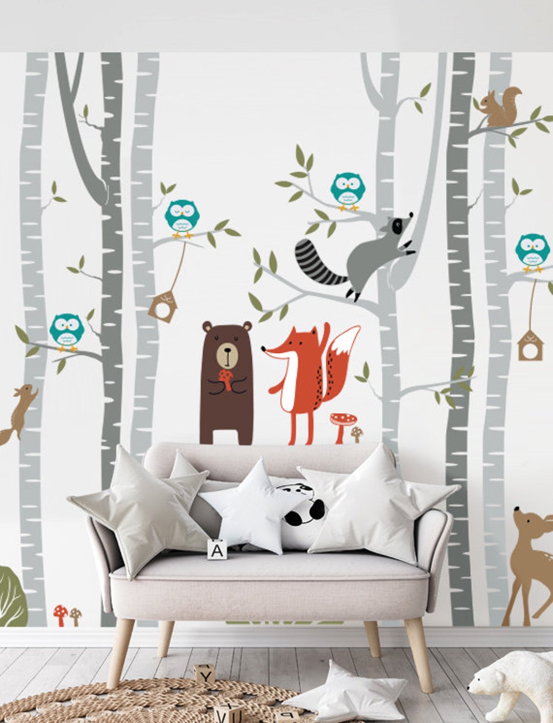 Forest Animals With Birch Trees Wall Decal - Etsy