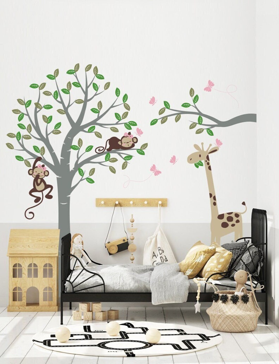 2 Girl Monkeys, Giraffe, Butterflies Wall Decal, Wall Sticker, Nursery Wall Decal, Girl Kids ...