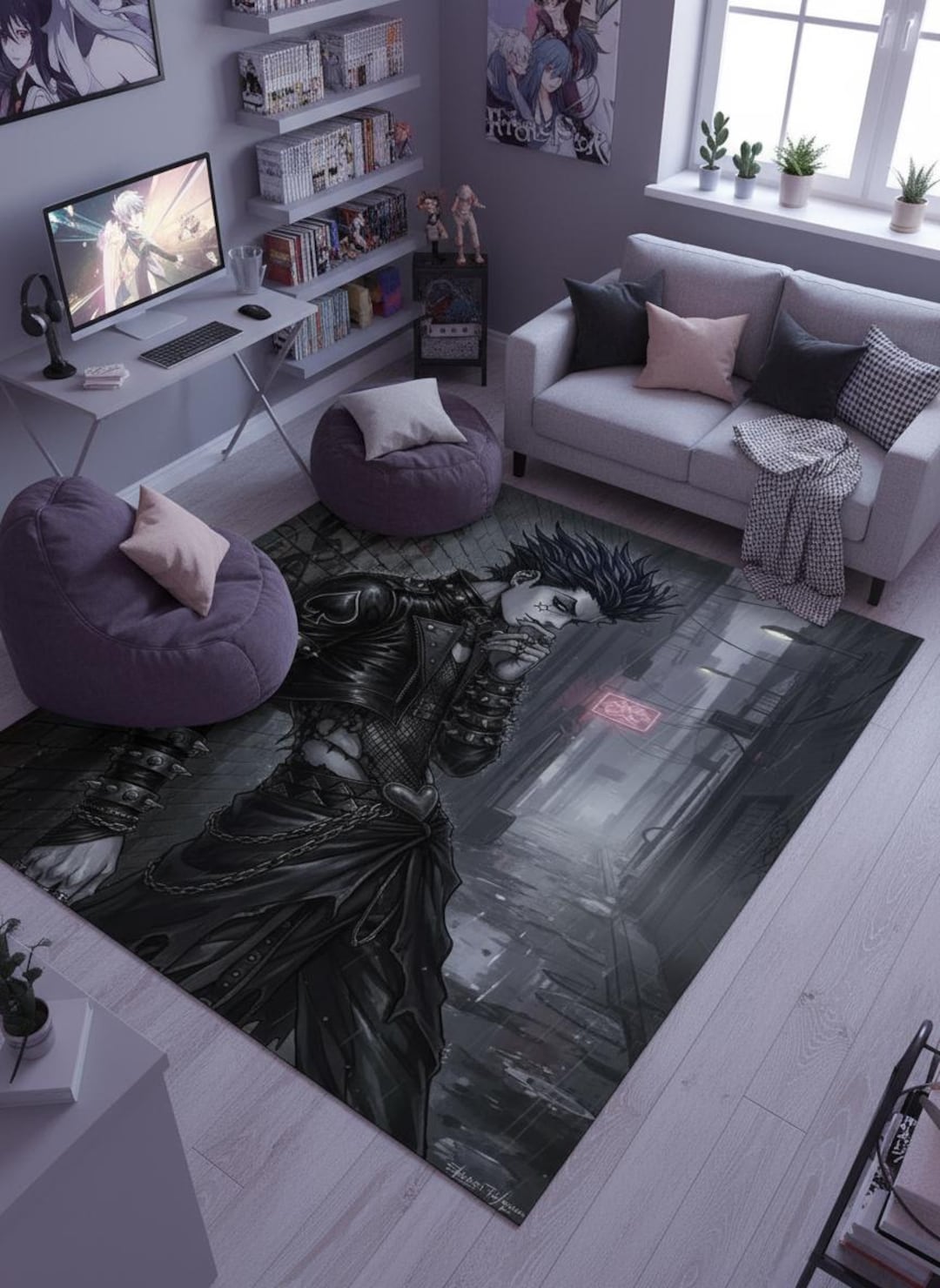 Dark Goth Punk Rug, Moody Anime Eboy Area Rug, Dark Alley Aesthetic ...