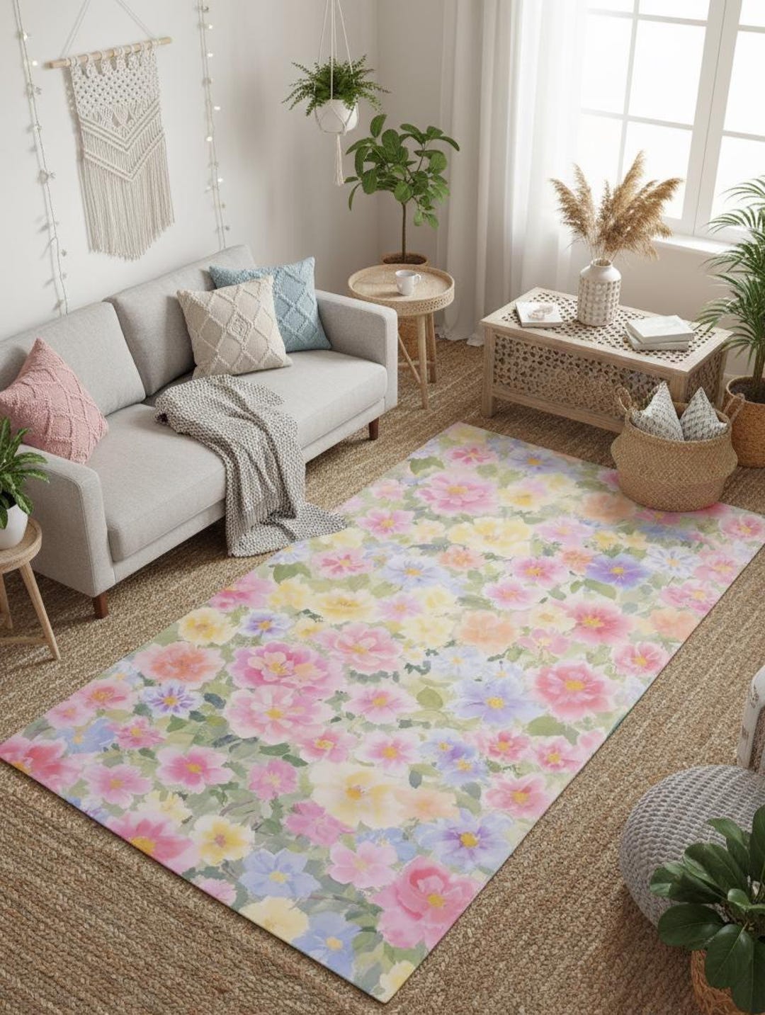 Pastel Floral Rug, Pink Yellow Blue Area Rug | Cottagecore Decor Carpet ...