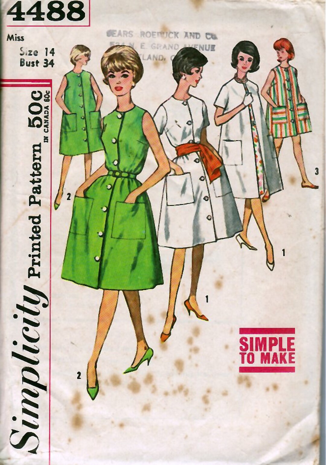 Bust 34-1960's Misses' One-piece Dress, Unlined Coat and Housecoat ...
